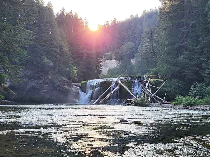 Sunset light turns the mist golden, transforming an already beautiful scene into something almost impossibly pretty.