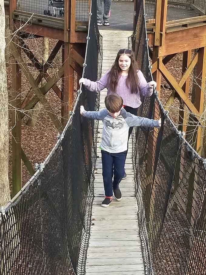 Kids on a suspension bridge have zero fear and maximum joy. Adults are a different story entirely.