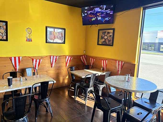 Red, white, and blue bunting decorates the dining area, celebrating America's greatest contribution: creative comfort food combinations.