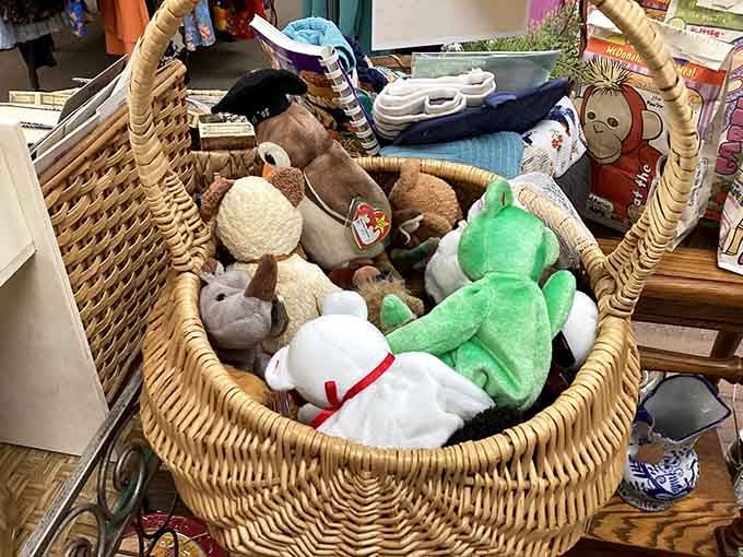 A basket full of Beanie Babies tumbling over each other, nostalgia never looked quite so cuddly.