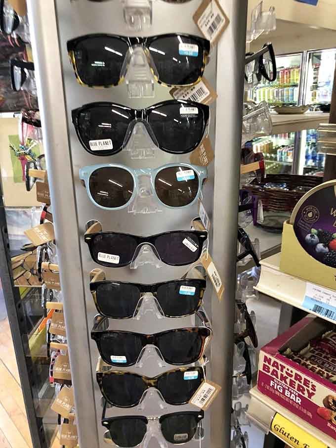 Blue Planet sunglasses spinning on the rack, ready for a sunny afternoon walk along the St. Croix River.