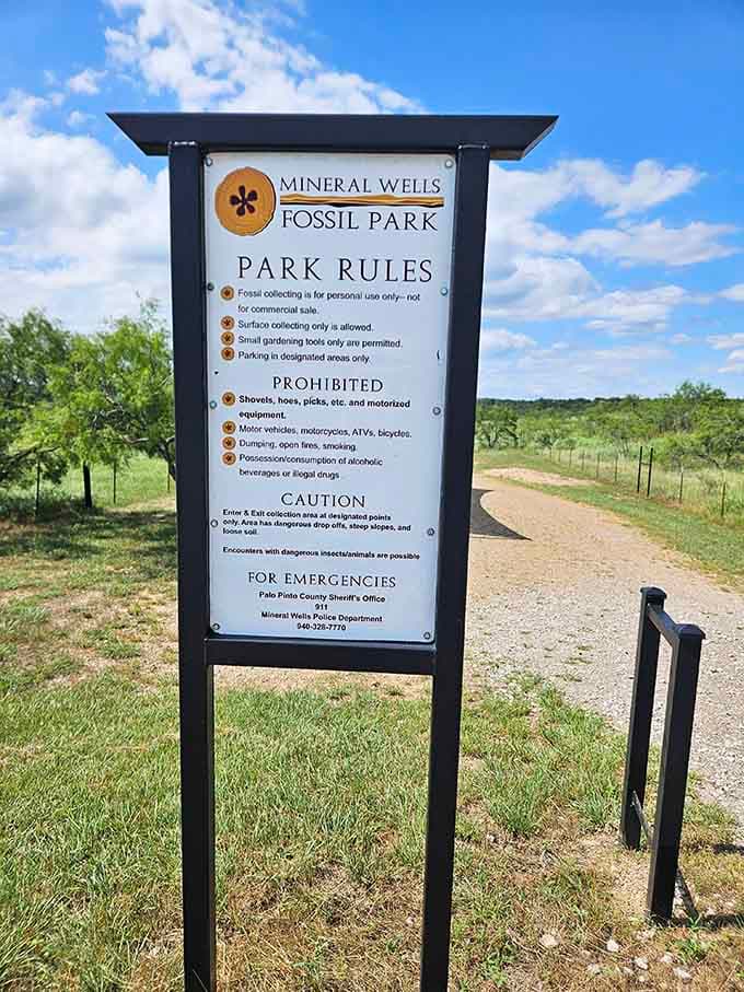 The park rules board keeps things simple: collect for yourself, leave the heavy equipment at home, enjoy.