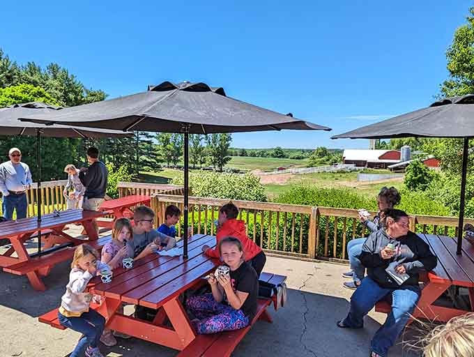 Red picnic tables, happy faces, and ice cream all around. Moomers outdoor dining is summer perfection.