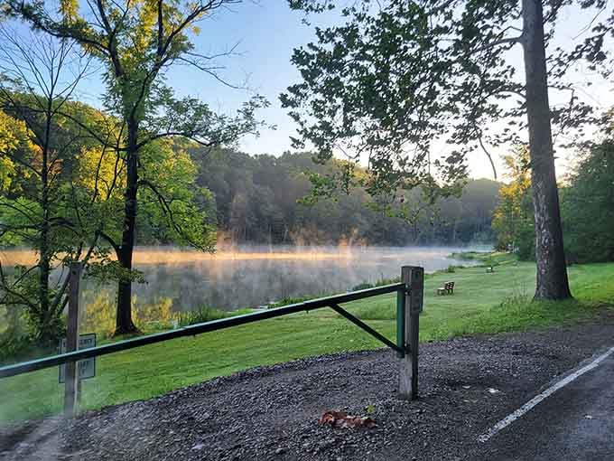 Morning mist rising off the lake at sunrise. Some views simply cannot be improved upon.