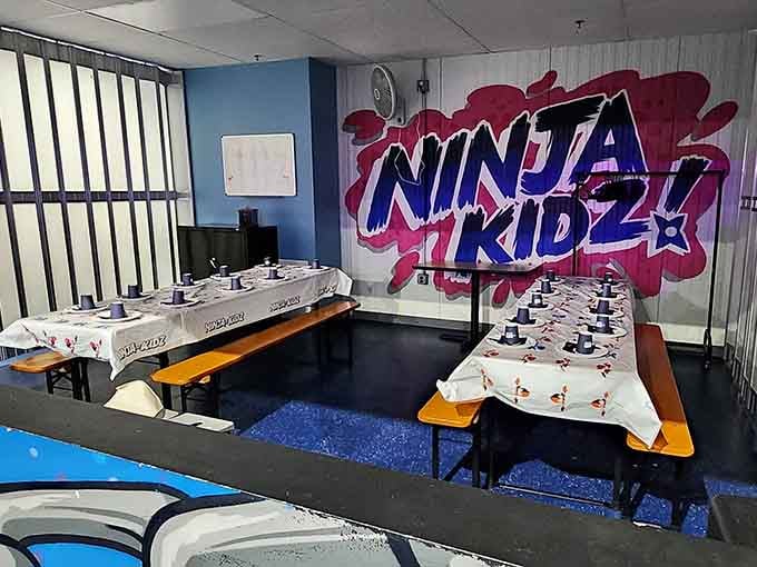 The party room is decked out with the Ninja Kidz logo and ready to host a celebration nobody will forget anytime soon.