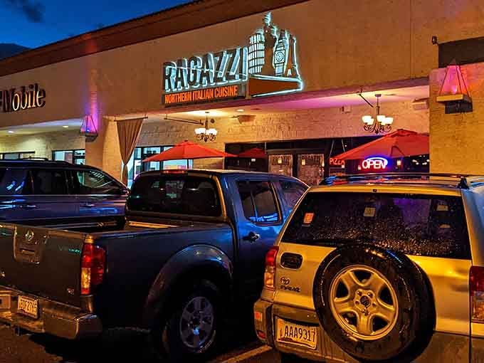 Ragazzi Northern Italian Cuisine glows warmly at night, proving that great pasta can absolutely thrive in southern Arizona border country.