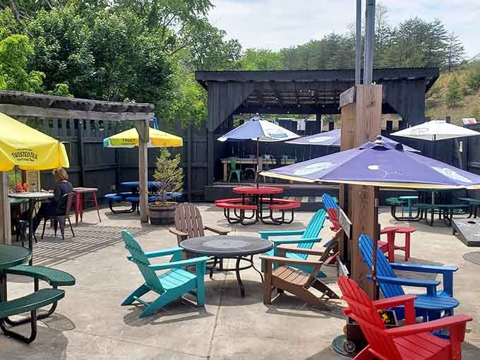 Colorful umbrellas and Adirondack chairs transform the outdoor patio into a destination worth planning your entire route around visiting.