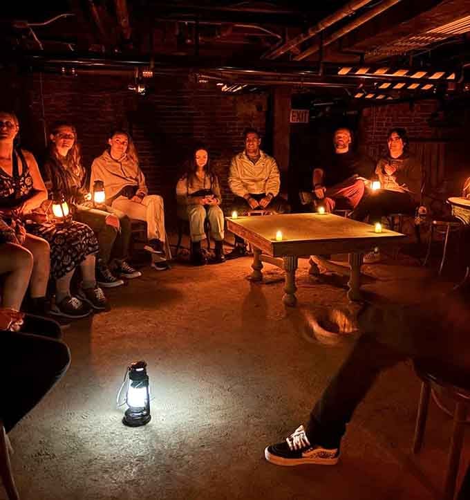 Lanterns glowing, stories flowing, and a room full of people leaning in. The tunnel tour delivers atmosphere that no restaurant can fake.