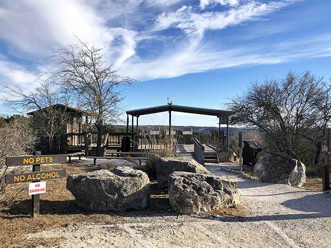 The tunnel sits exposed and ancient in the limestone hillside, a reminder that the best things in Texas age beautifully.
