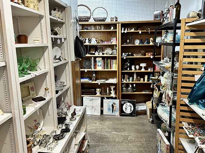 Green glass, figurines, and forgotten treasures, the kind of booth that rewards anyone patient enough to look closely.
