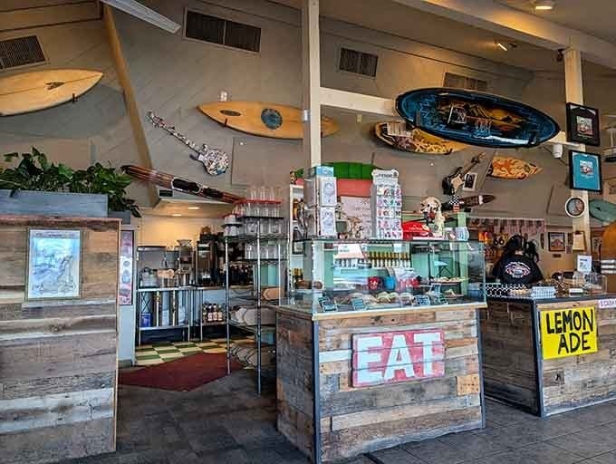 The counter area where magic happens, complete with an "EAT" sign in case you forgot why you came here.