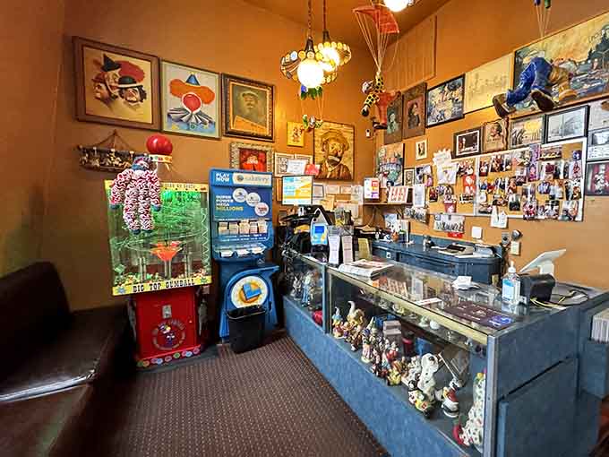 Clown paintings, figurines, gumball machines, and decades of memories packed into one corner that feels like a beloved family scrapbook.