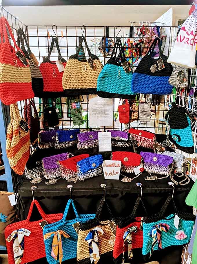 Handmade crocheted bags in every color imaginable. Bold, practical, and the kind of thing you buy without hesitation.