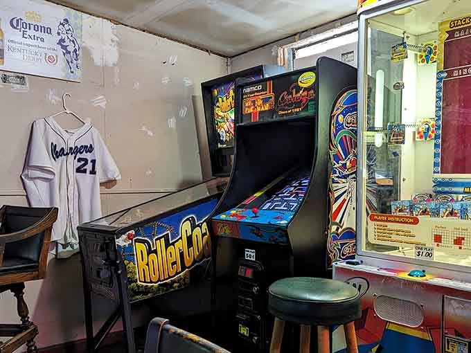 Pinball machines and arcade games tucked in the corner, proof that fun doesn't have an age limit.