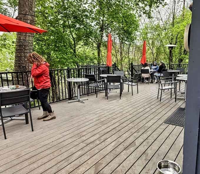 The upper deck, where the trees lean in close and your coffee tastes even better somehow.