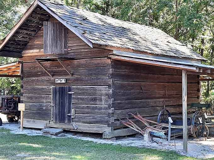 The corn crib's sturdy construction kept harvests safe from critters, serving as the original pantry system.