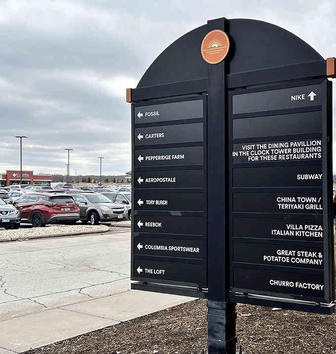 The directory lists dining options too, because shopping burns calories that need immediate replacement with food.