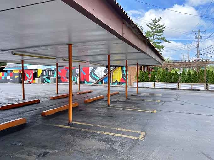 The covered drive-in canopy still stands, a genuine relic of roadside America that never went out of style.
