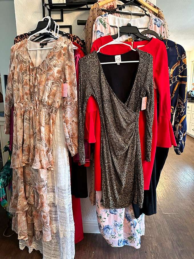 Flowing boho prints, bold red knits, and metallic wrap dresses hanging side by side, proof that great style has no expiration date.