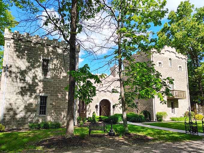 The castle exterior looks convincingly European until you remember you're still definitely in southeastern Ohio.