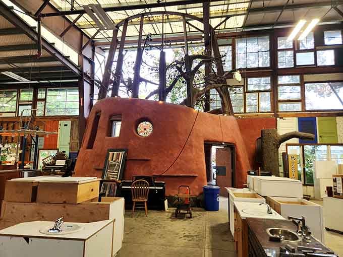 The remarkable adobe-style structure inside the ReBuilding Center is genuinely one of Portland's most unexpected and delightful interior surprises.