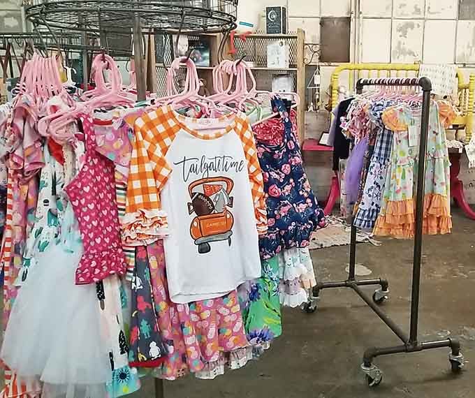 Bright, cheerful children's clothing fills the racks, because even the youngest shoppers deserve something worth getting excited about.