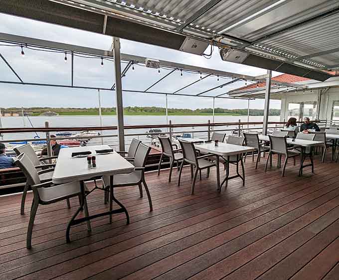 An outdoor deck over the water where every table has the best seat in Indianapolis.