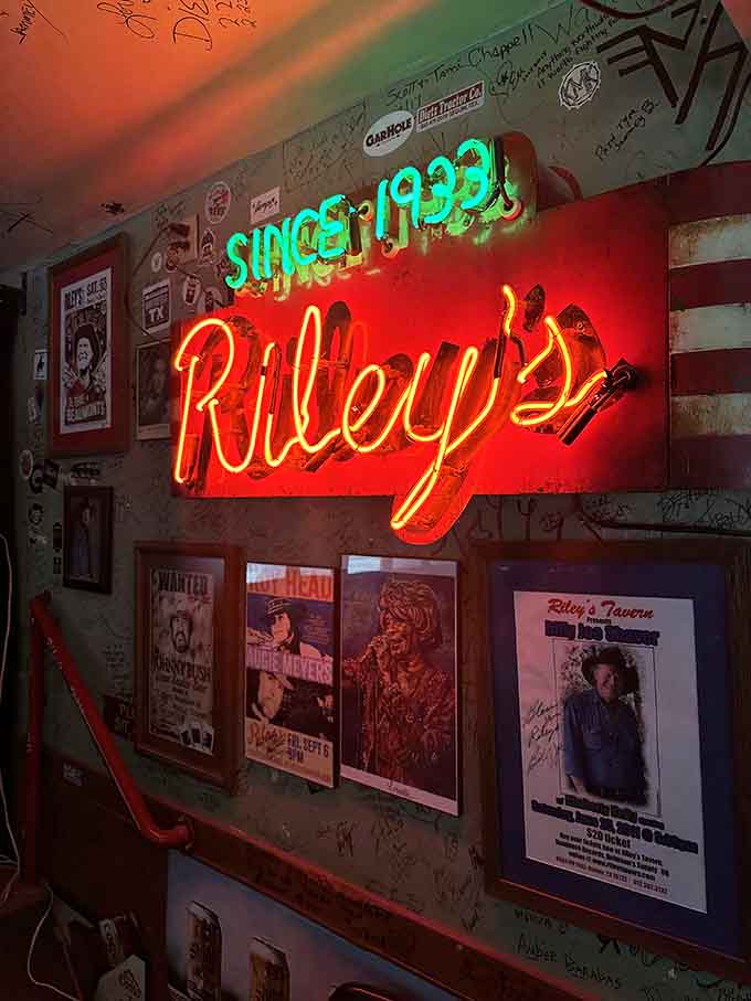Concert posters, neon glow, and a "Since 1933" sign that earns its place on the wall every single night.