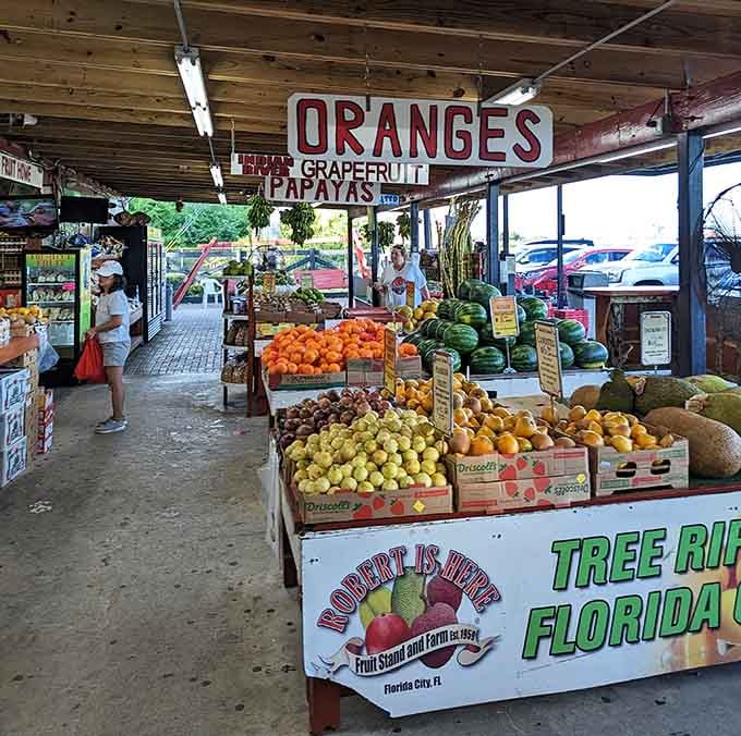 Fresh citrus and tropical fruits create a colorful display that makes you wonder why supermarkets even bother trying anymore.