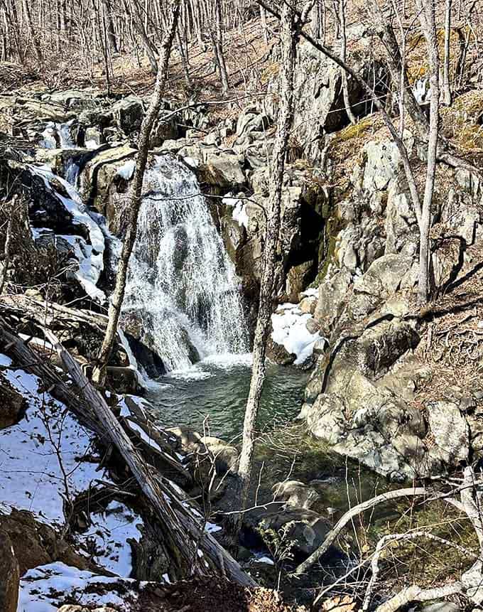 Snow dusting the rocks around the falls turns the whole scene into something you'd hang on your wall without hesitation.