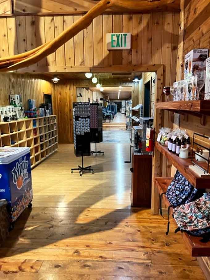Warm wood walls and well-stocked shelves inside the gift shop feel like a cozy cabin that loves Route 66 deeply.