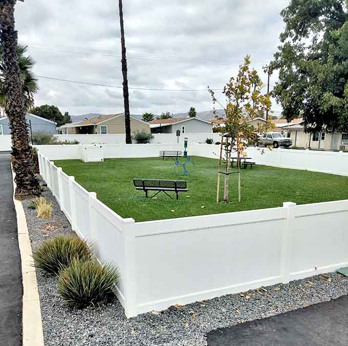 A fenced green space with benches and fresh air, proof that the simple things still matter most.