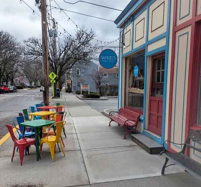 Even on a grey day, those rainbow chairs outside Samuel's make the whole street look like it's having a good time.