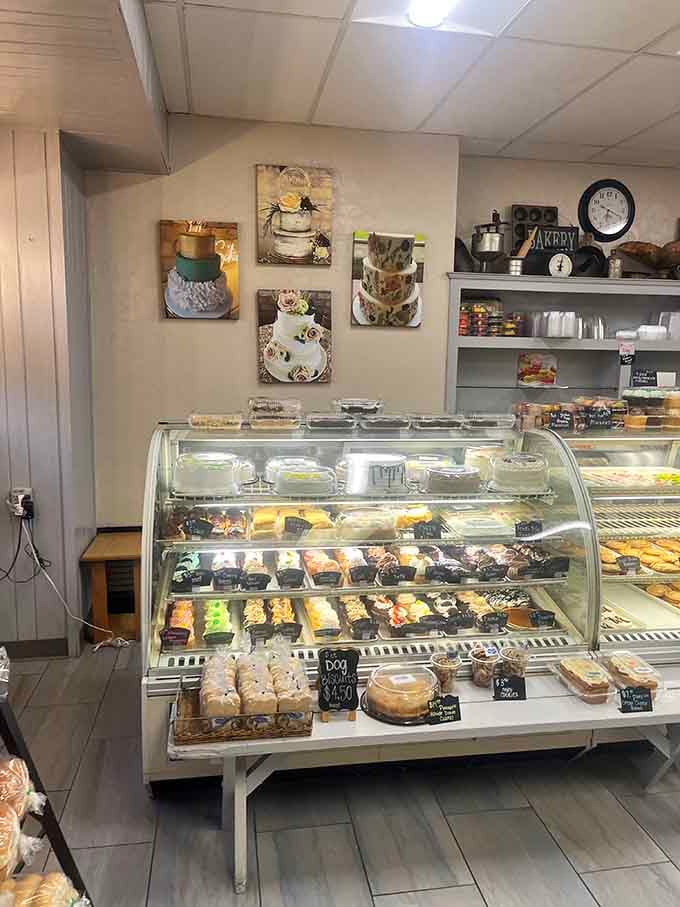 Custom cakes on the wall, cupcakes in the case, dog biscuits on the shelf. Everyone's welcome here.