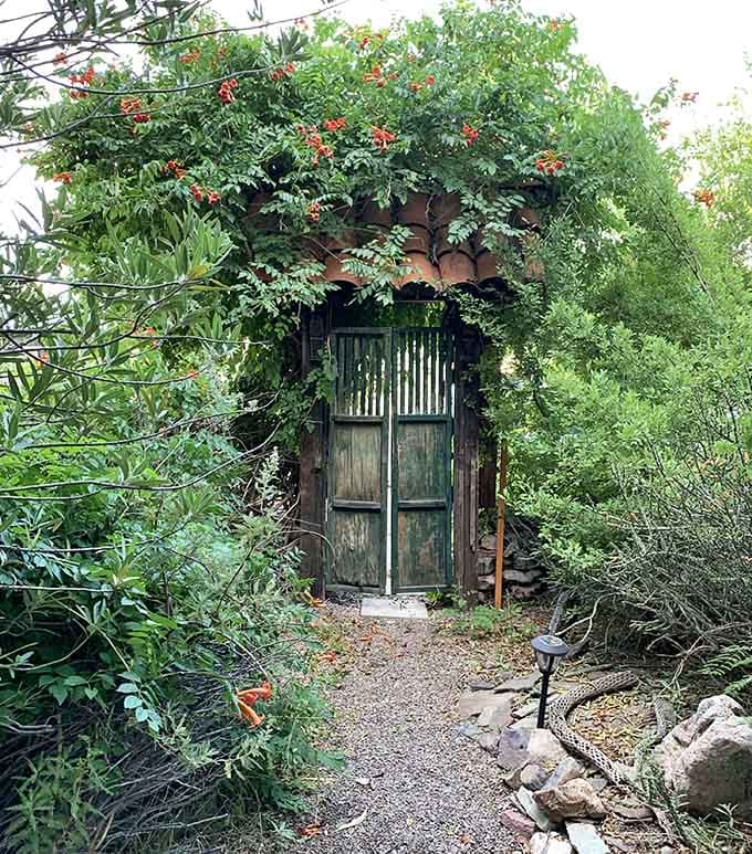 Vines and orange blossoms swallow this weathered wooden gate whole, turning a simple garden entrance into something genuinely magical and unexpected.