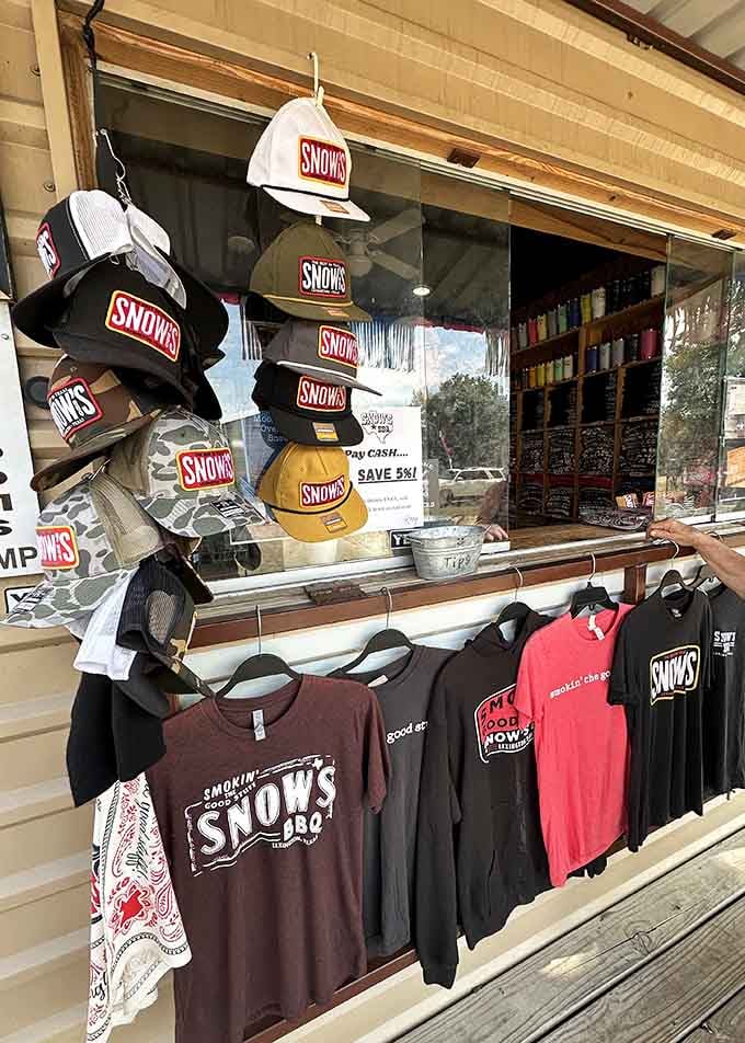Snow's BBQ hats and t-shirts, wearable proof that you made the pilgrimage and lived your best Saturday ever.