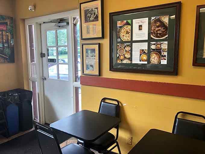 Framed magazine features on the wall tell a story without saying a word. Soup Thyme earned its reputation one bowl at a time.