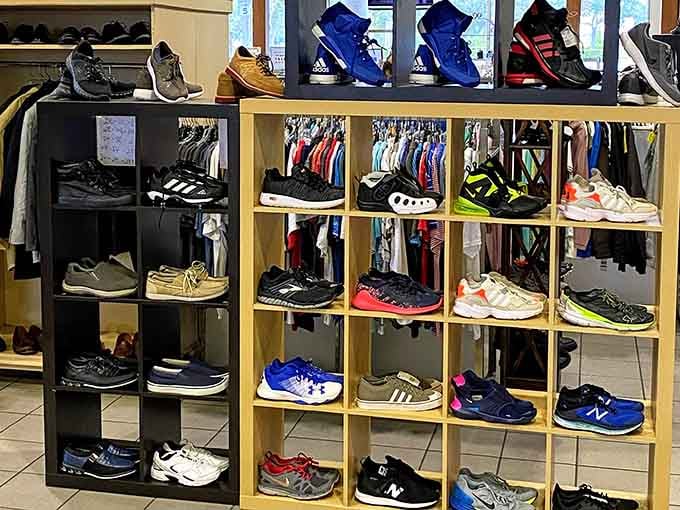 Name brand athletic shoes organized by color prove you don't need the mall for quality footwear anymore.