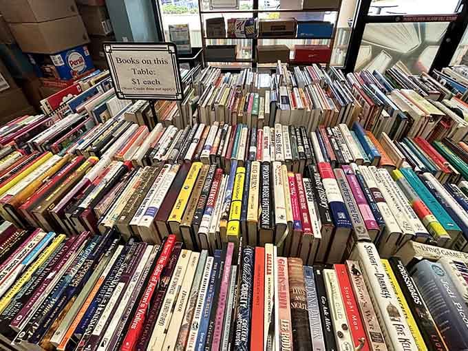 A whole table of books for a dollar each, which is basically the greatest deal since the library card was invented.