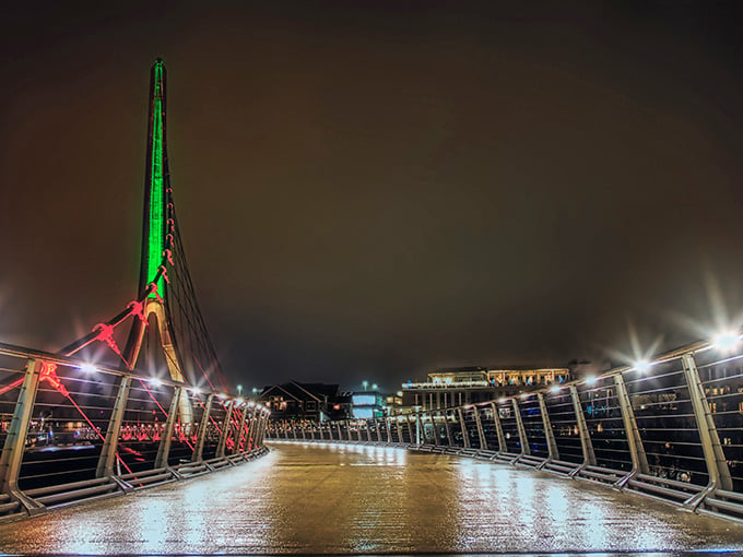 After dark, the LED light show turns infrastructure into art, like Vegas met a science museum.
