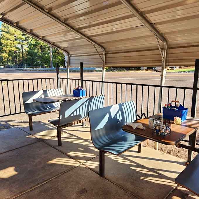 Covered patio seating for those perfect mountain mornings when fresh air enhances every bite.