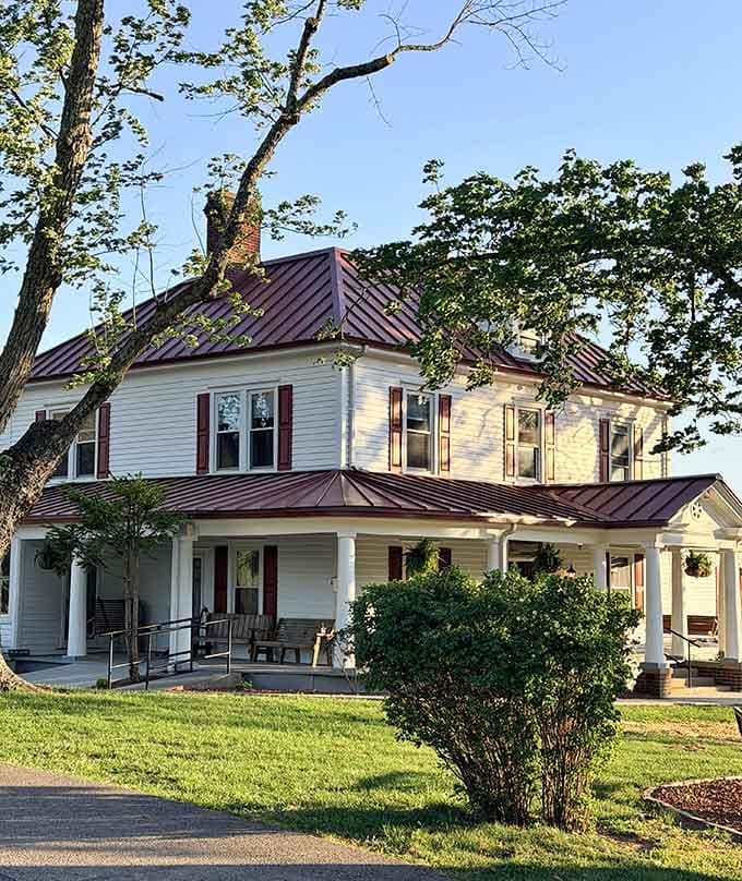 Golden hour hits this farmhouse just right, making it look like the cover of a very good dream.