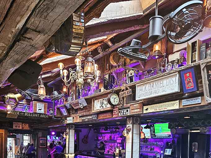 Vintage signs and eclectic memorabilia cover every surface, creating a visual feast that rivals anything on the menu.