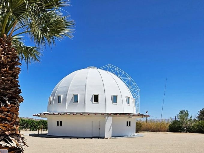 Against a sky so blue it looks painted, the Integratron stands perfectly white and completely unbothered by your skepticism.