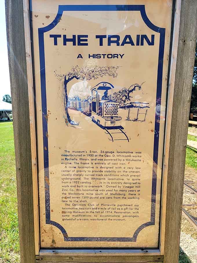 A 1930 Whitcomb locomotive with a Waukesha engine and a genuinely fascinating story carved right into the signboard.