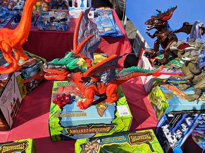 Dinosaurs roaring silently from their display, ready to stomp into some lucky kid's imagination at unbeatable prices.
