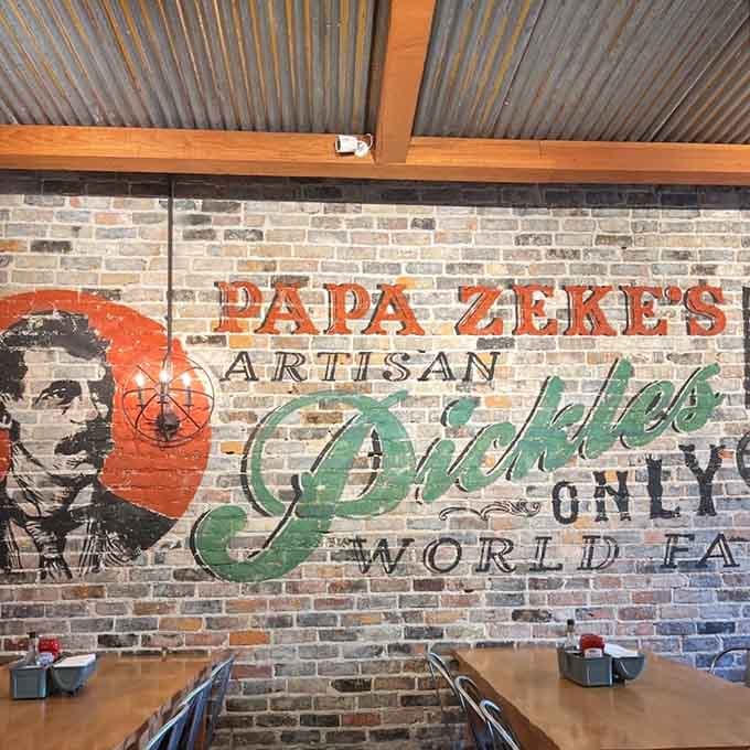Papa Zeke's artisan pickles get the mural treatment they deserve on this beautifully weathered brick wall of fame.