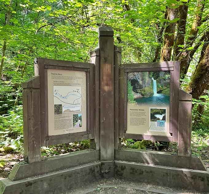 Educational boards at the trailhead share the falls' story, giving you something interesting to read before the hike.