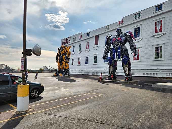 Bumblebee and Optimus Prime holding down the parking lot like the world's most cinematic security detail.