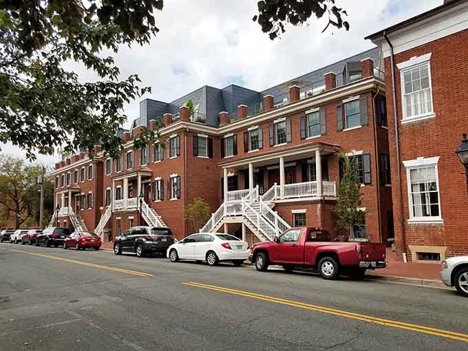 These stately red brick buildings with white staircases lining the street prove that Fredericksburg's architecture has aged considerably better than most of us have.